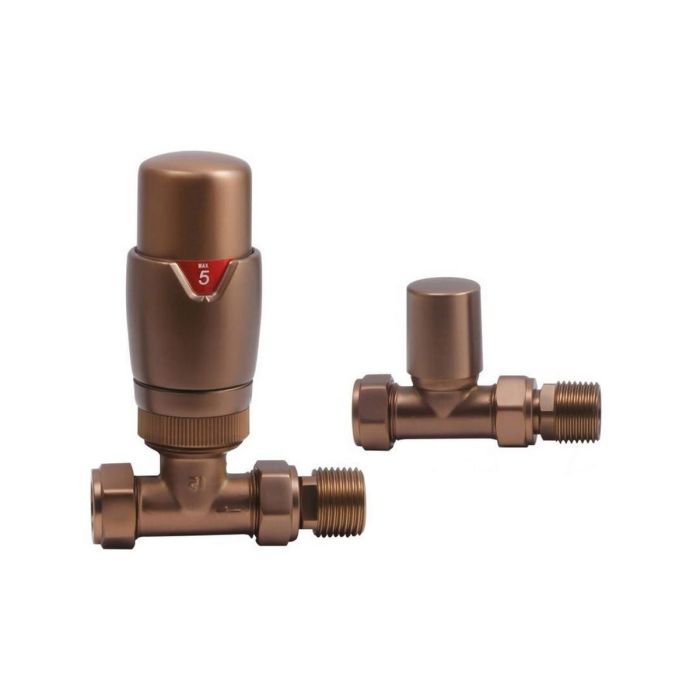 Round Thermostatic Straight Radiator Valves - Brushed Bronze